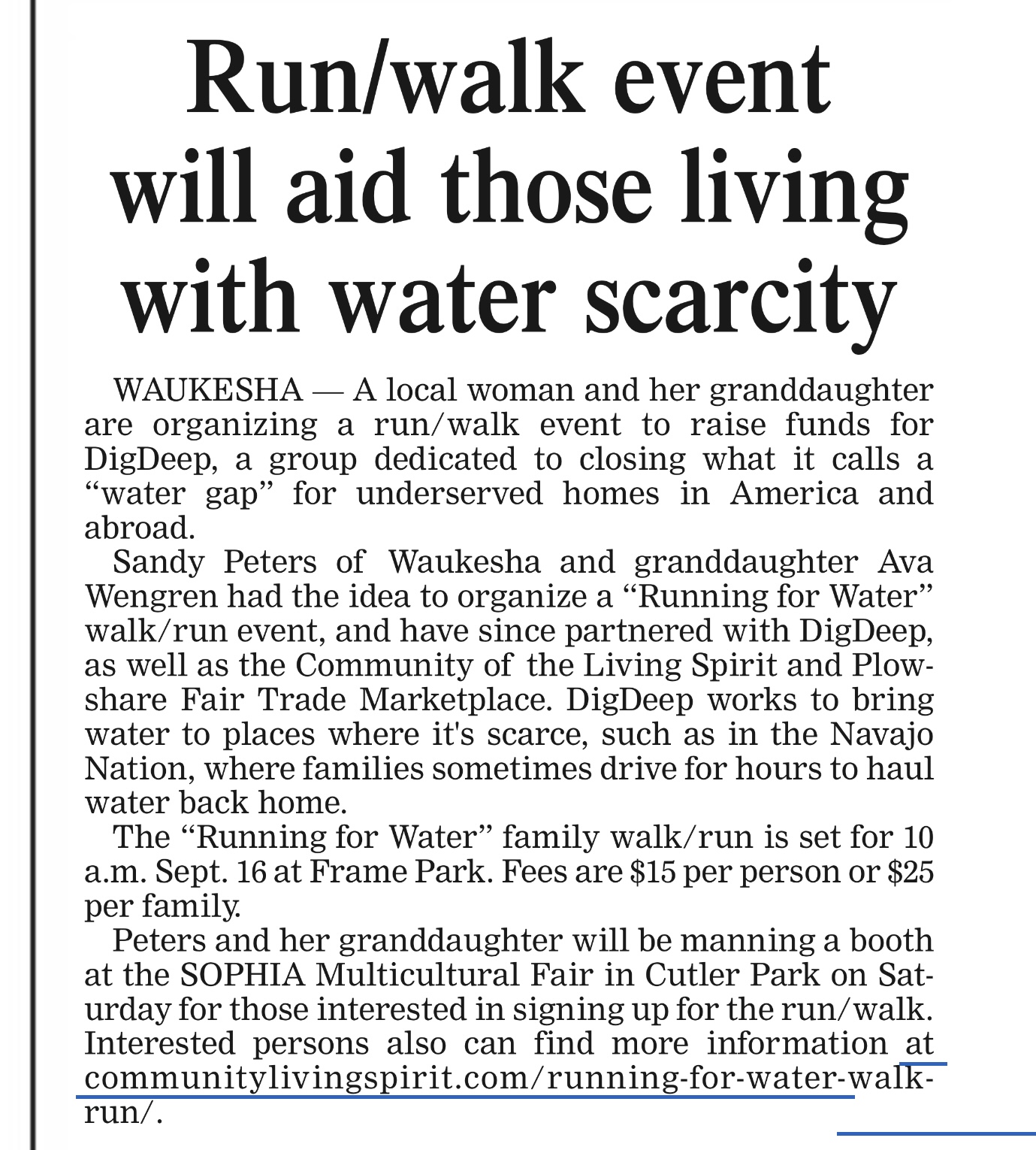 ‘Running for Water’ Walk/Run – Community of the Living Spirit